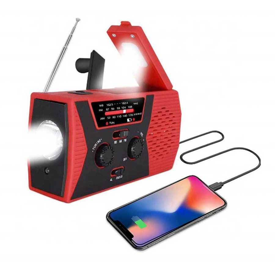 Vevradio / Nödradio med LED-lampa - FM-radio, Solcell, Laddbart batteri ...