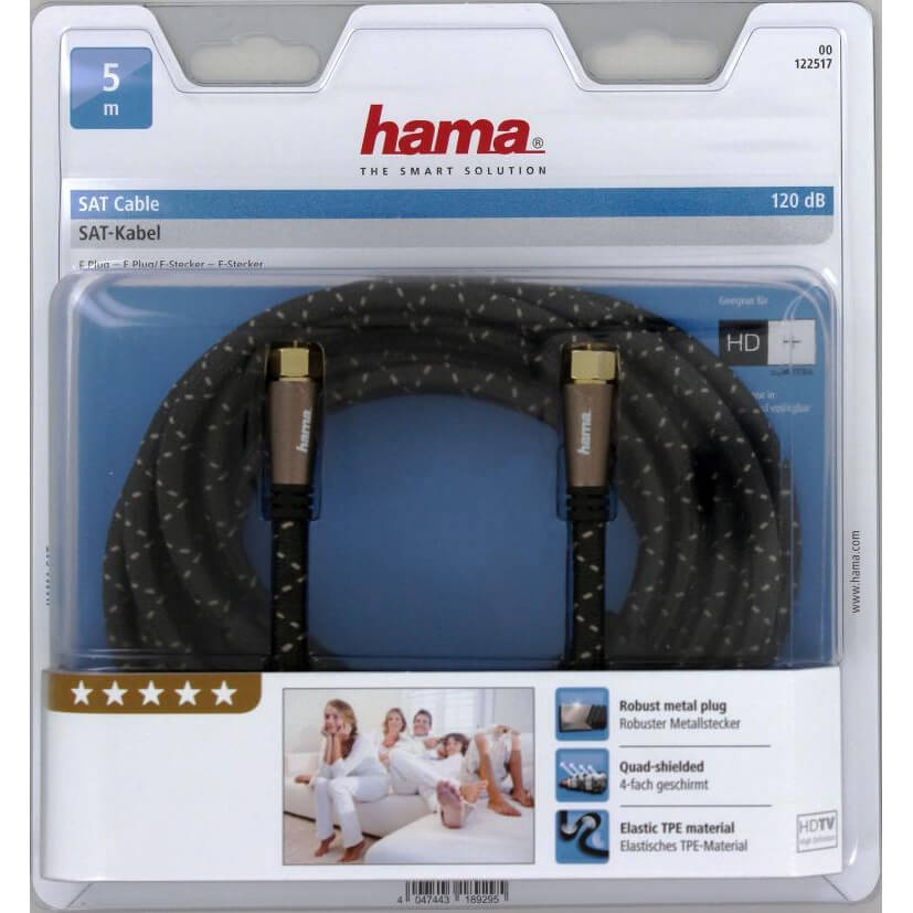 Köp HAMA Kabel Antenn SAT 120dB F-Plug-F-Plug Svart 5m | Teknikproffset.se